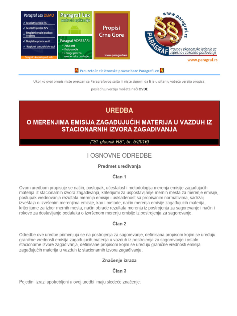 Uredba o Merenjima Emisija Zagadjujucih Materija U Vazduh Iz Stacionarnih Izvora Zagadjivanja | PDF