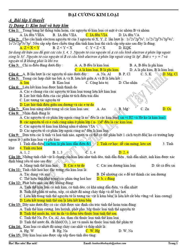 Ly Thuyet Va Bai Tap Dai Cuong KIM LOAI LTDH | PDF