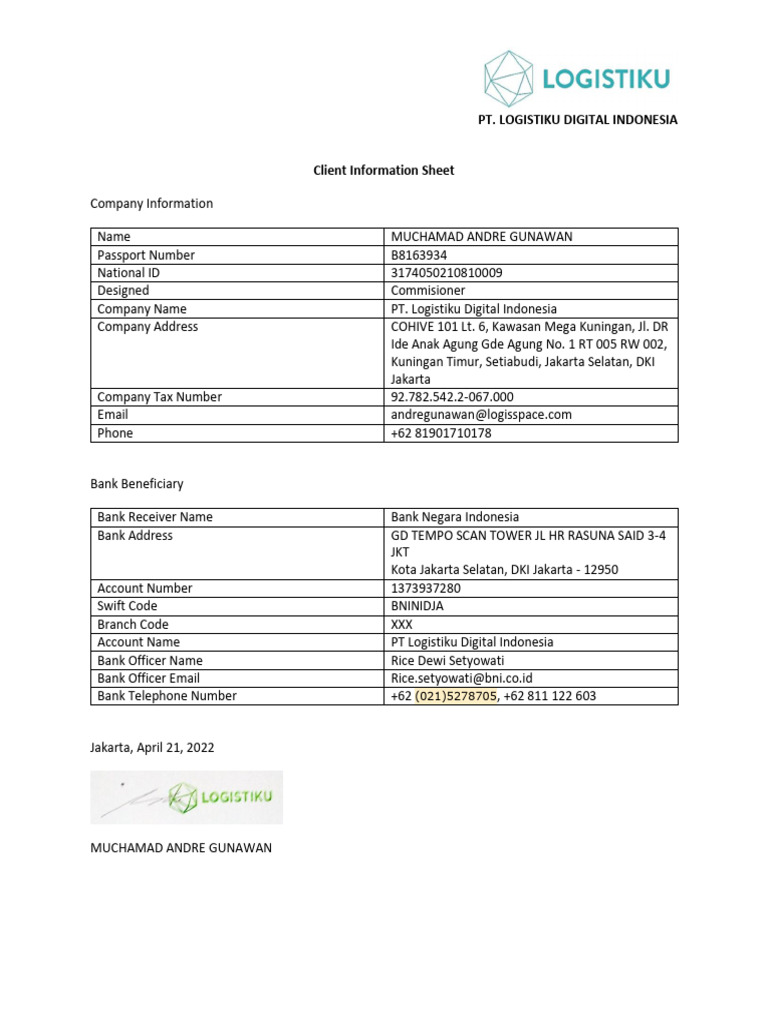 Client Information Sheet: Logistiku Digital | PDF
