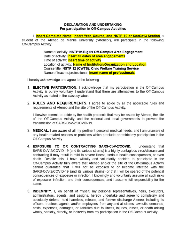 JULIA MAGSINO NSTP 12 BIGKIS Declaration and Undertaking | Download Free PDF | Indemnity ...