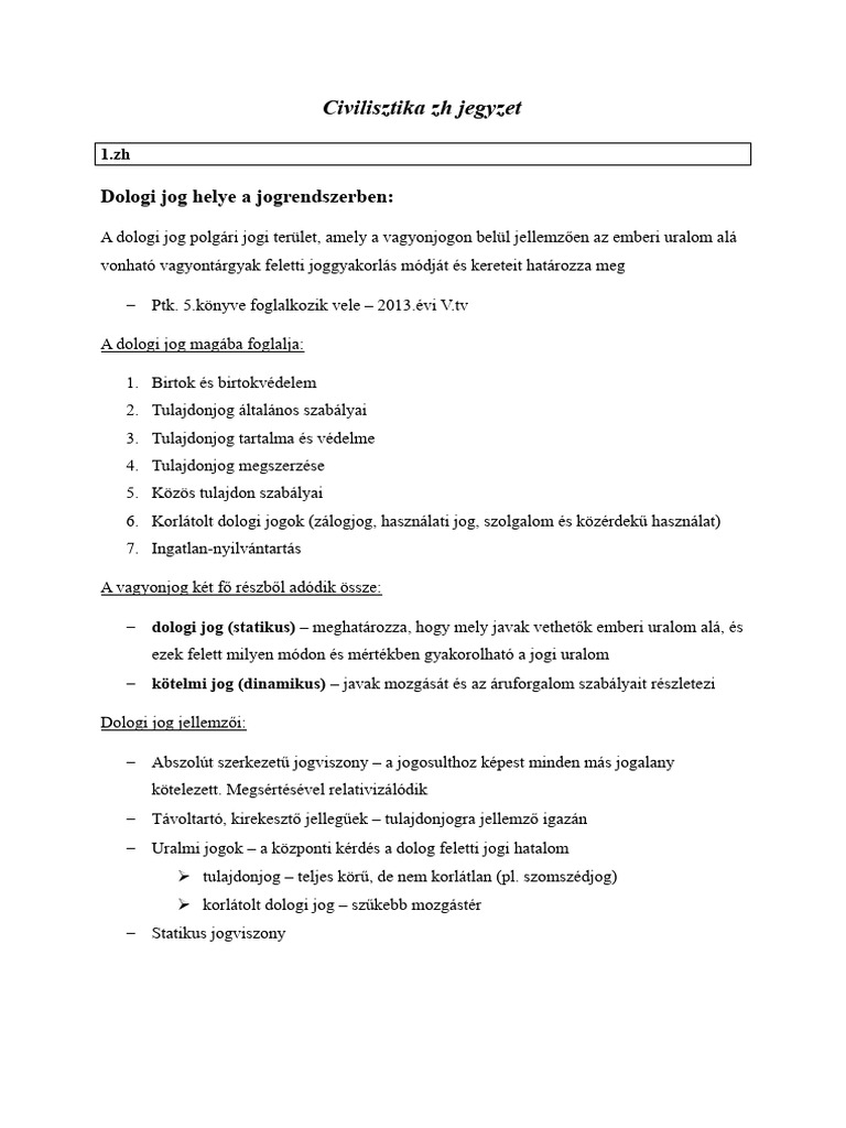 Civilisztika ZH Jegyzet | PDF