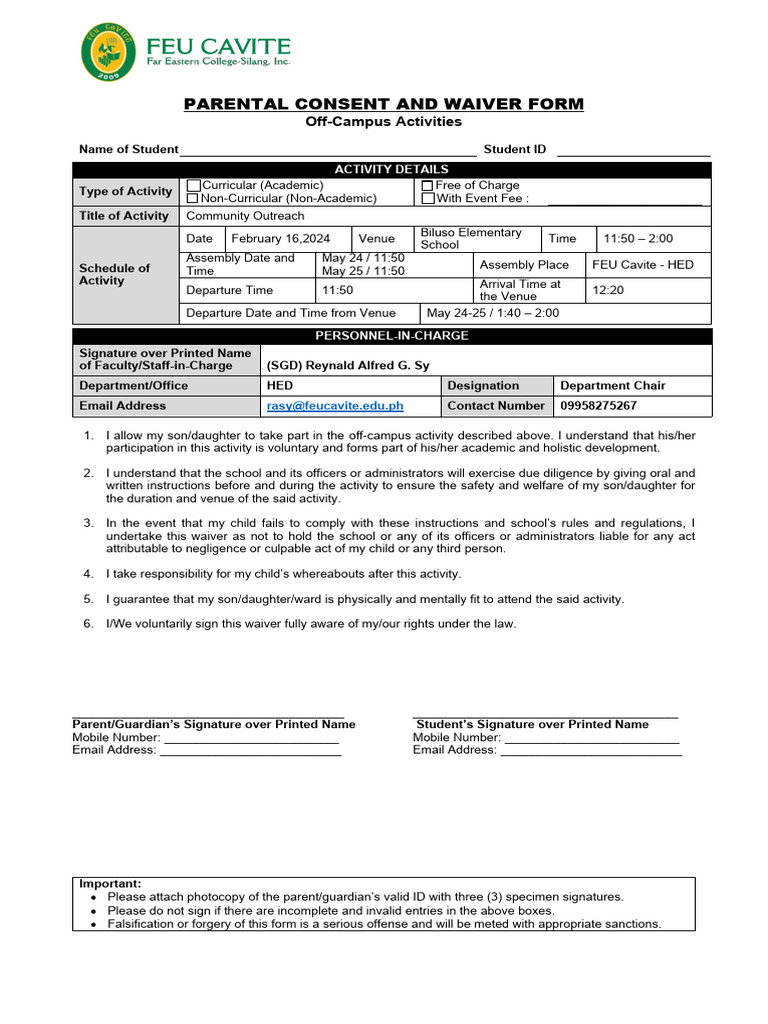 Parental Consent Form for Off-Campus Activity | PDF | Justice | Crime ...