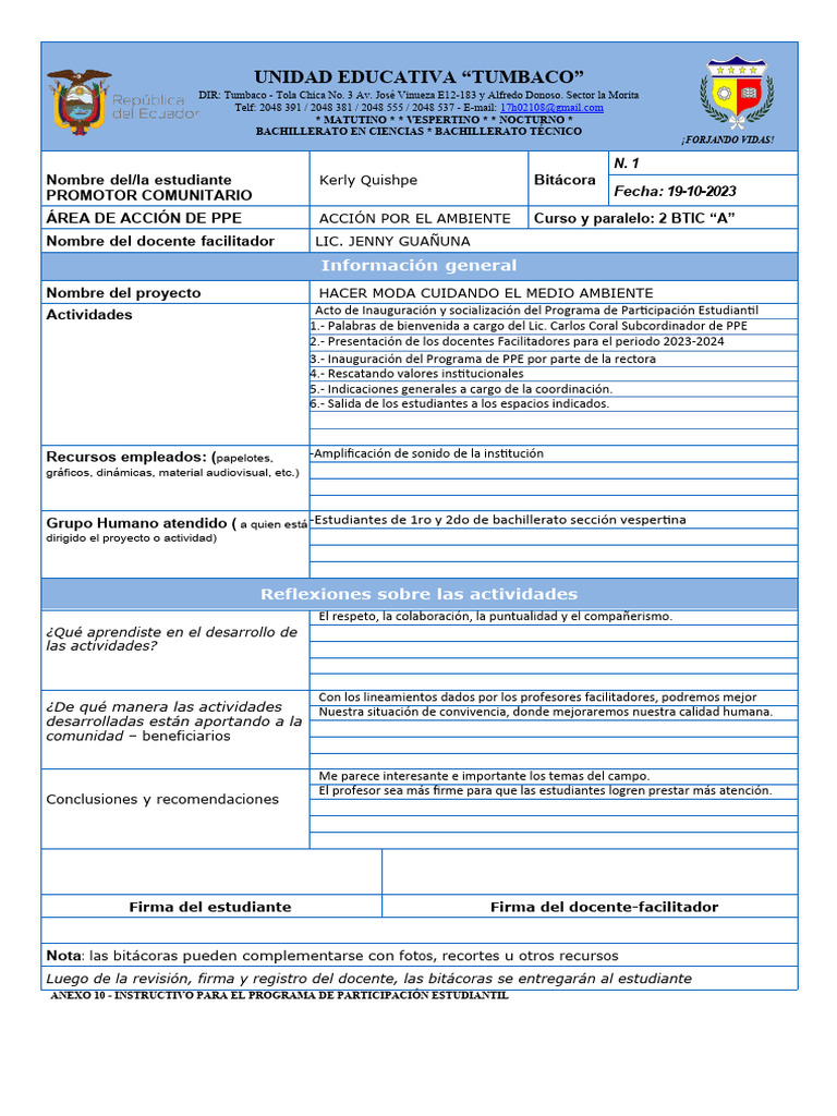 Formato de Bitacora PPE EJEMPLO 2BTIC | PDF