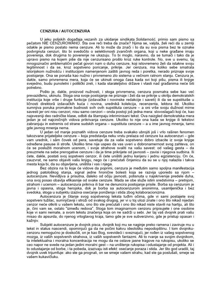 Danilo Kiš - Cenzura I Autocenzura | PDF