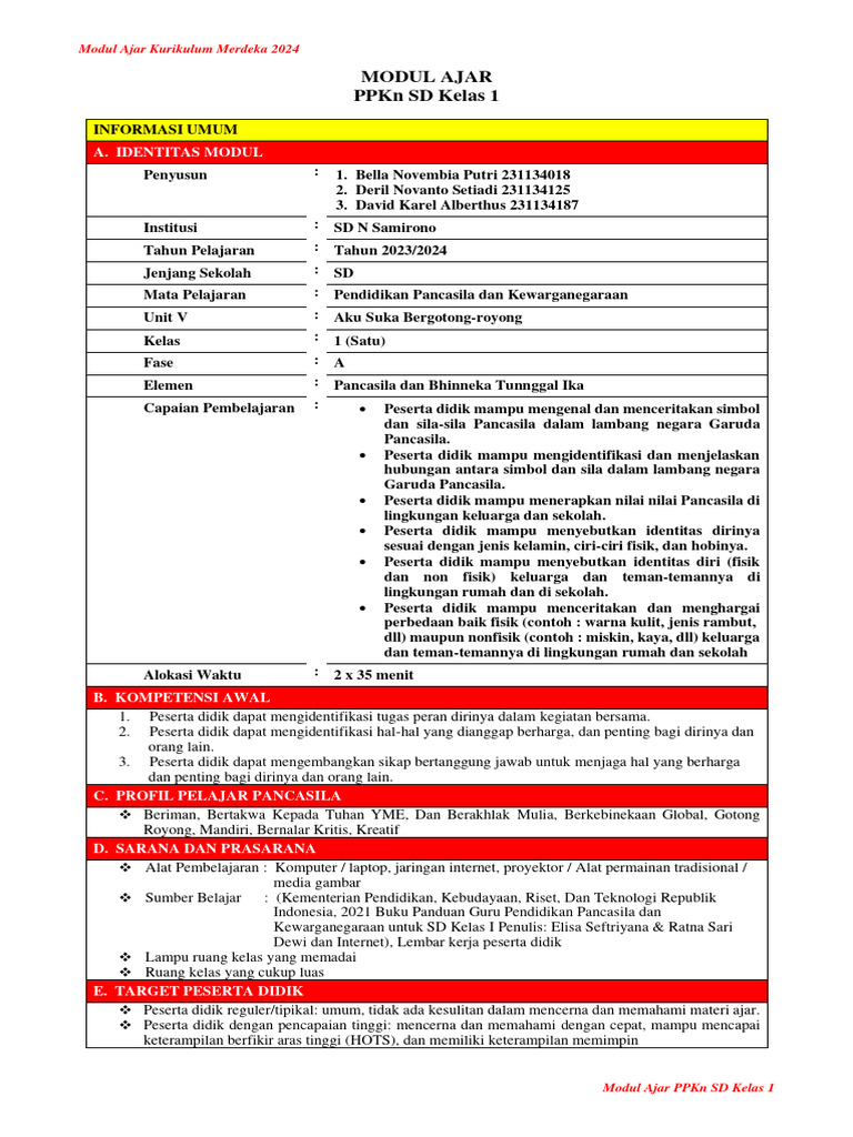 Modul Ajar PPKN SD Kelas 1B (Bella, Deril, Dave) | PDF | Karier & Perkembangan | Sains & Matematika
