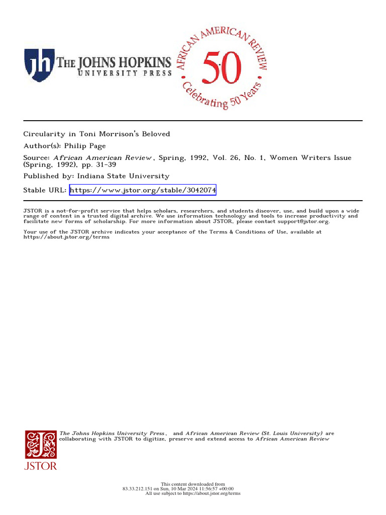 Circularity Toni Morrisons' Beloved 1992 | PDF | Poetry | General Fiction