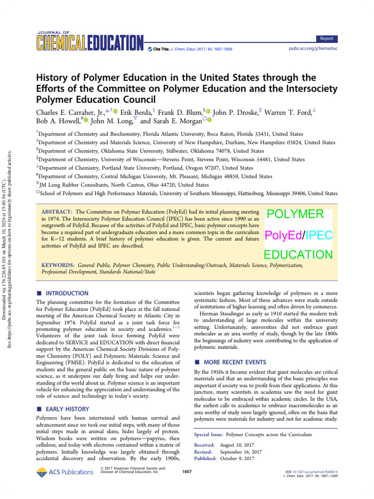 Carraher Et Al 2017 History of Polymer Education in The United States ...