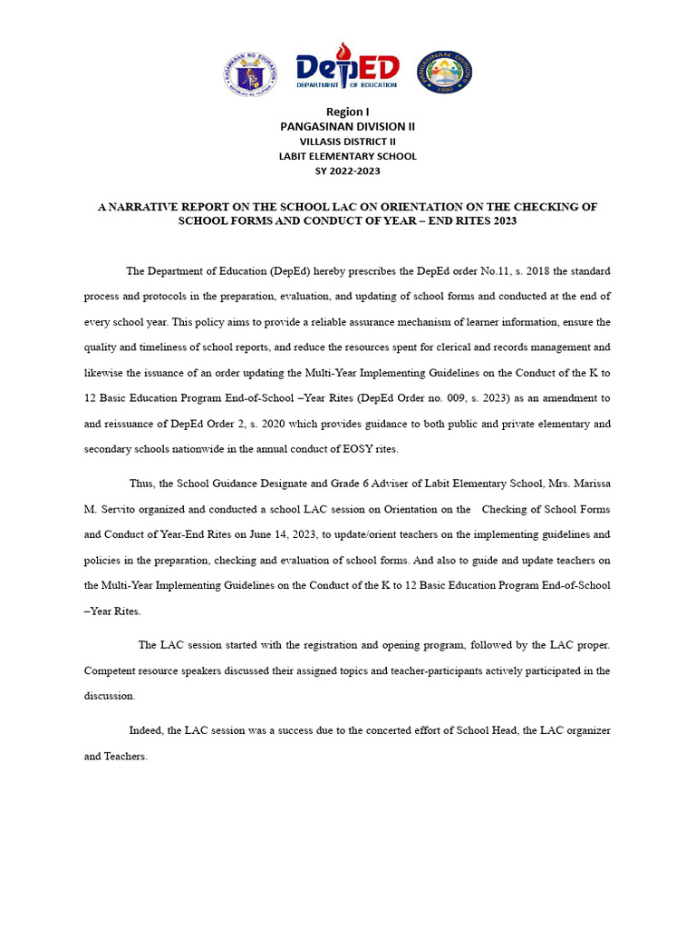 NARRATIVE-REPORT LAC Year End Graduation and School Forms | PDF