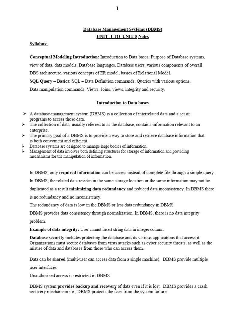 DBMS Notes - All Units | PDF | Relational Database | Relational Model