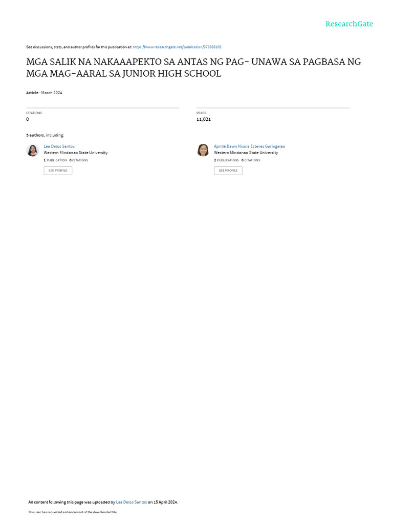 Mga Salik Na Nakaaapekto Sa Antas NG Pag-Unawa Sa Pagbasa NG Mga Mag-Aaral Sa Junior High School ...