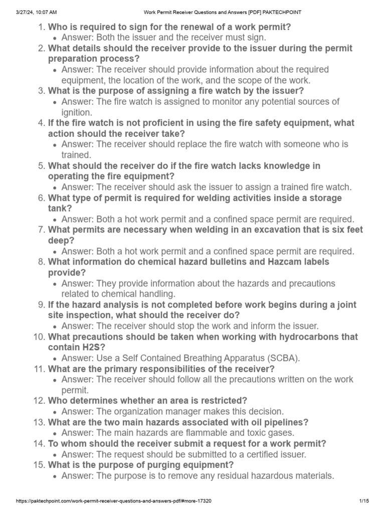 Work Permit Receiver Questions and Answers (PDF) PAKTECHPOINT | PDF | Fires | Safety