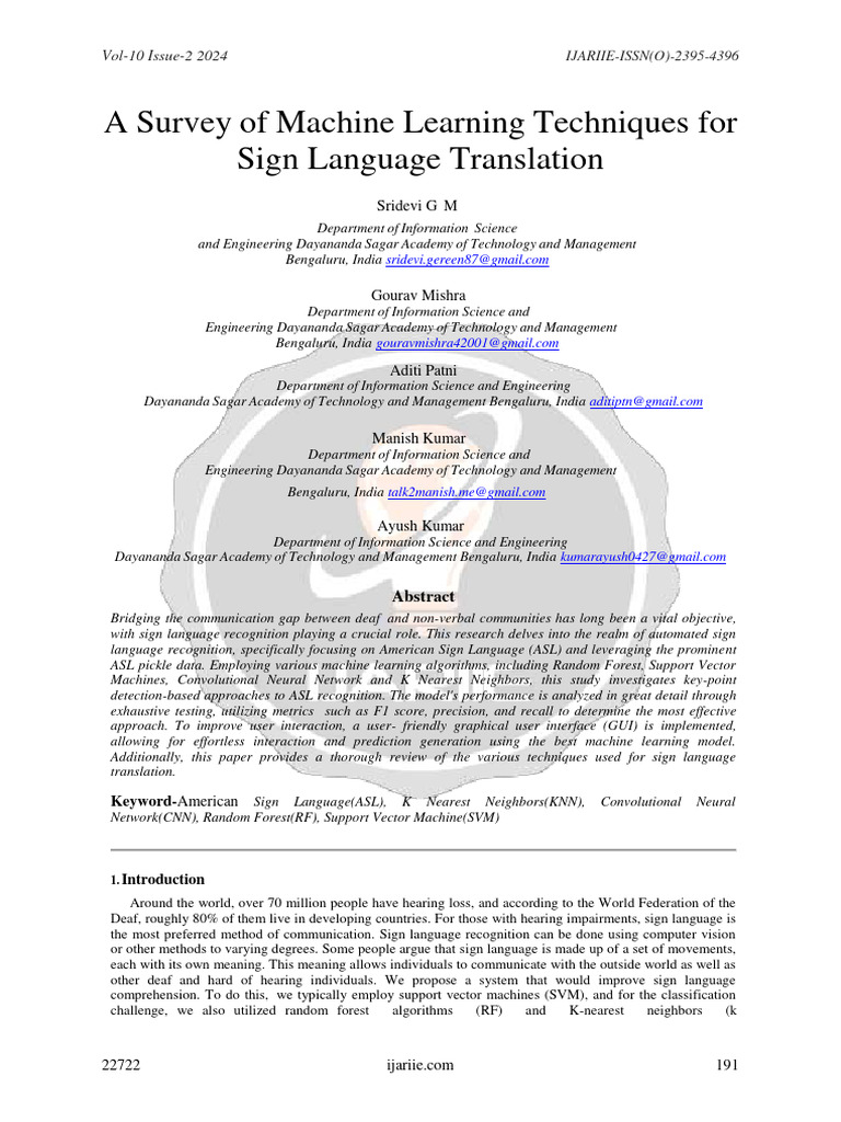 A Survey of Machine Learning Techniques For Sign Language Translation ... A Survey of Machine Learning Techniques For Sign Language Translation ...