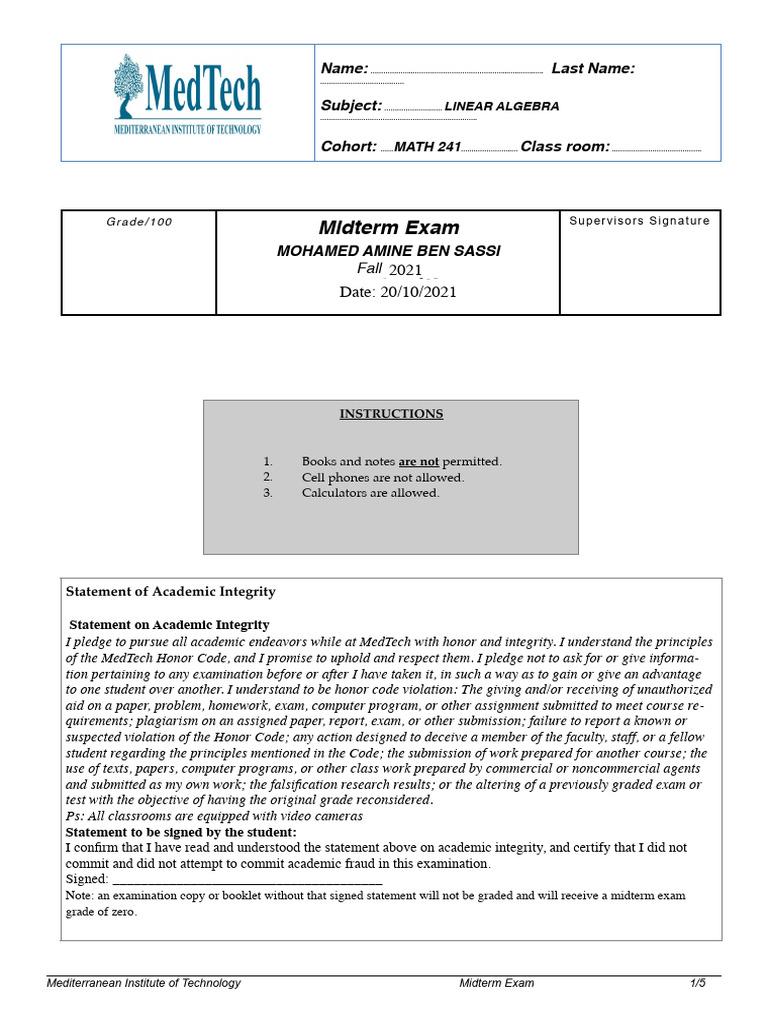 Linear Algebra Midterm Guide | PDF