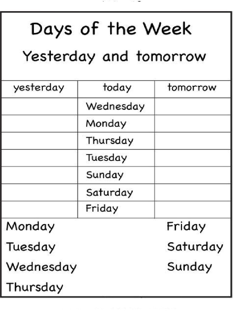 Days of The Week - Yesterday and Tomorrow - 6 Worksheets FREE Printable ...