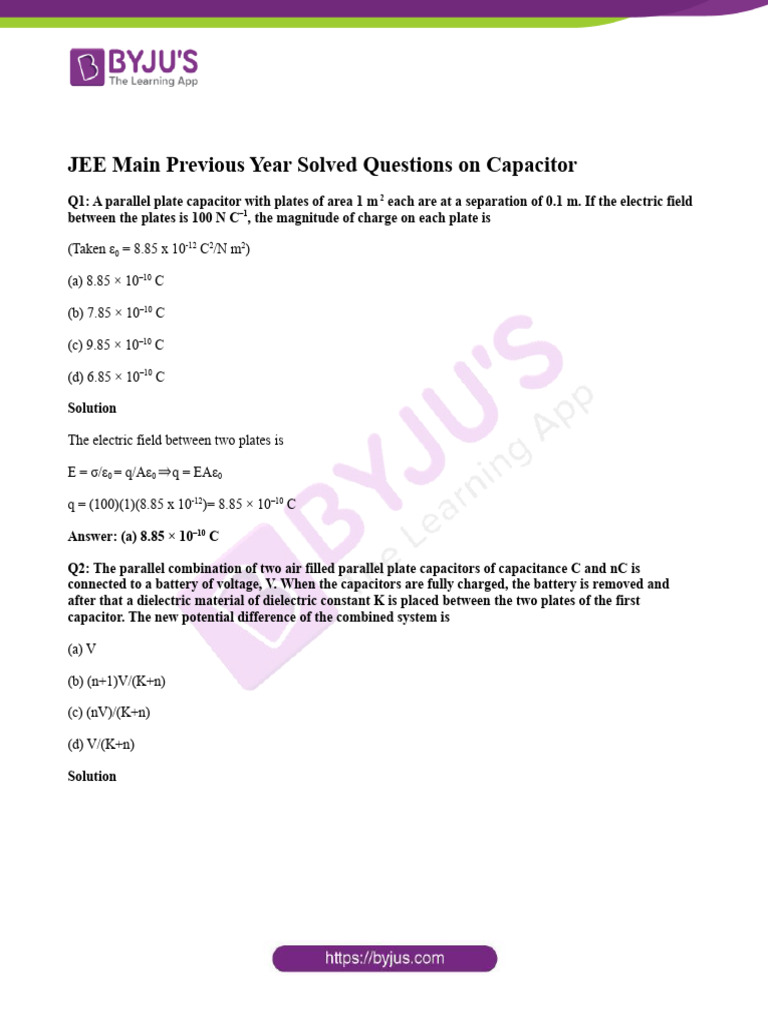 JEE Main Capacitor Previous Year Questions With Solutions PDF | PDF | Capacitor | Capacitance