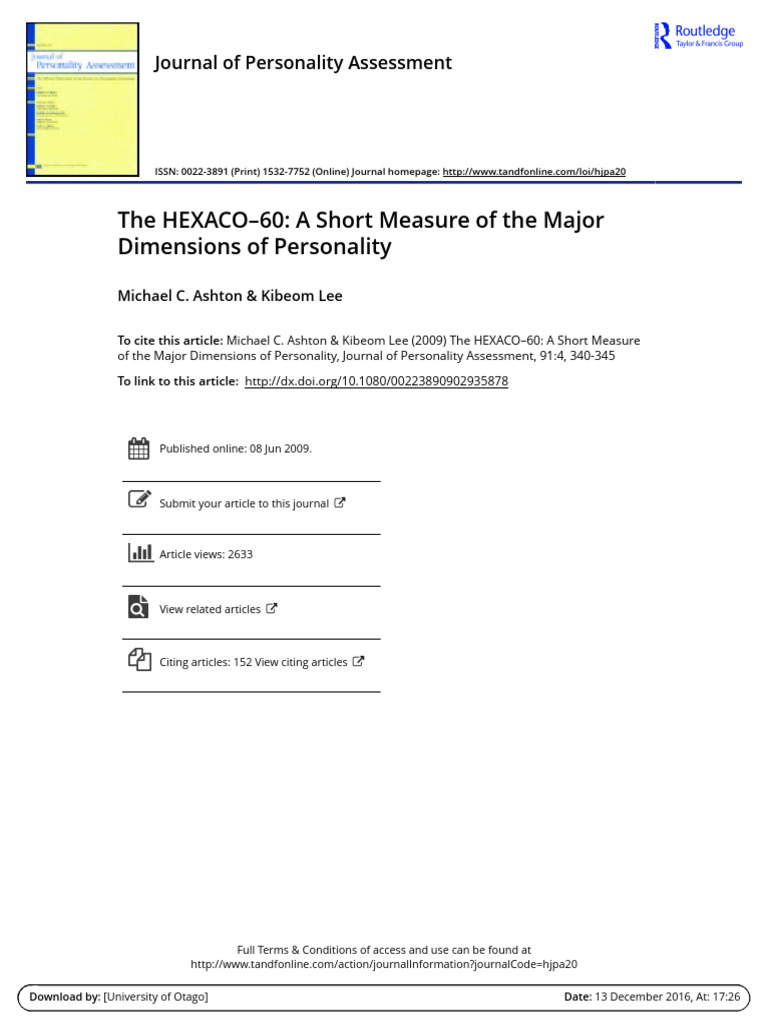 The HEXACO-60: A Short Measure of The Major Dimensions of Personality ...
