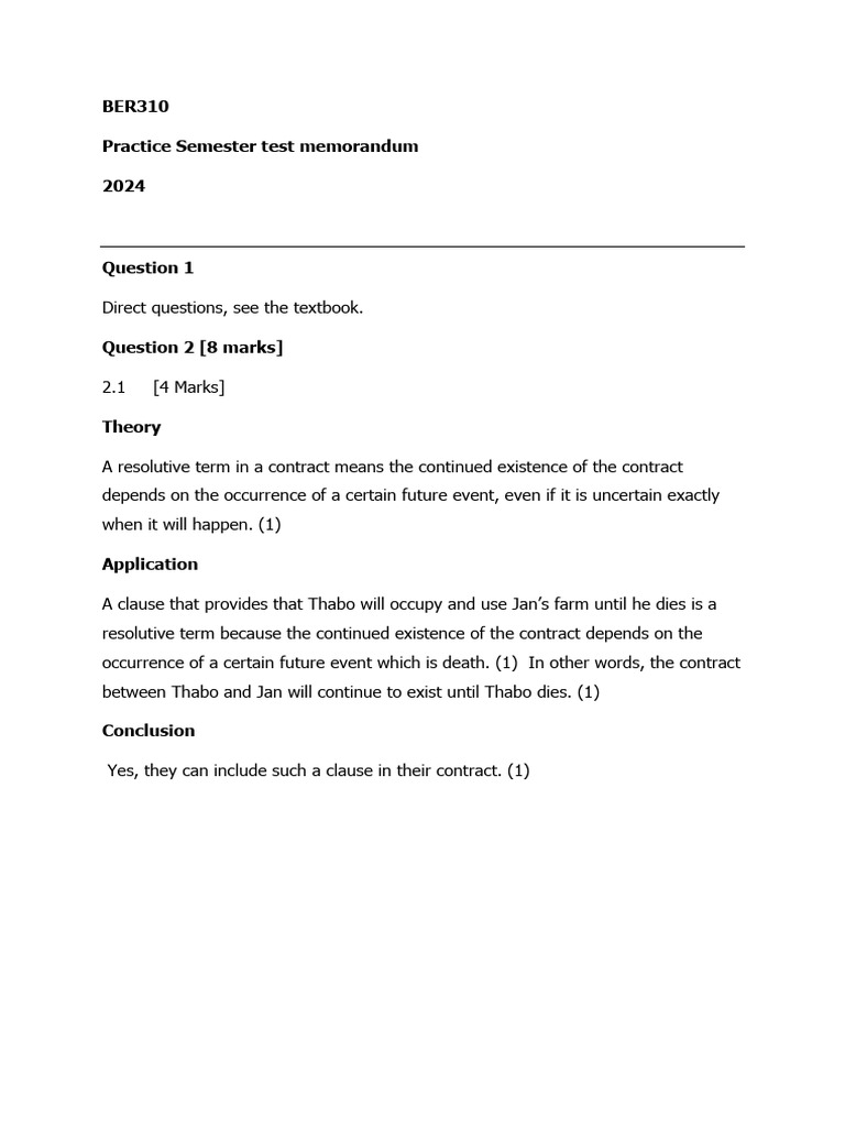 Practice Sem Test 1 Memorandum 2024 | PDF | Contract Law | Common Law