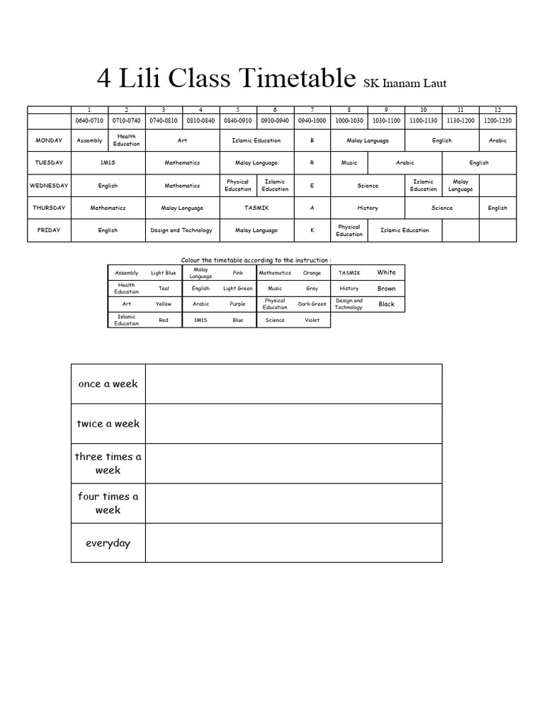 Colouring Timetable | PDF | Blue | Color