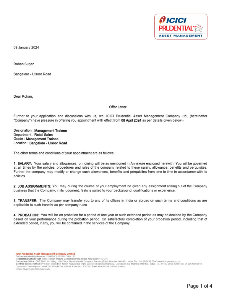 ICICI Prudential Offer Letter for Rohan | PDF | Employment | Insider ...