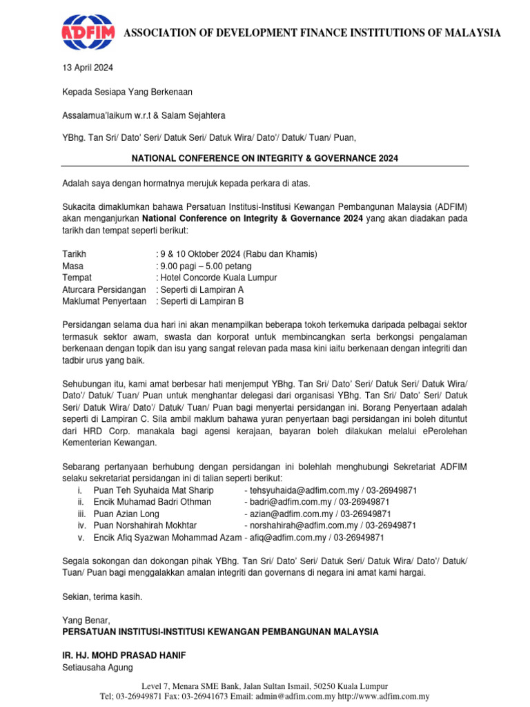 Surat Jemputan National Conference On Integrity & Governance 2024 | PDF | Malaysia