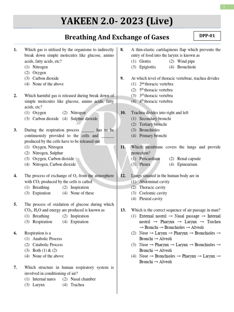 Breathing and Exchange of Gases - DPP 01 (Of Lec 02) - (Yakeen 2.0 2023 PW Stars) | PDF ...