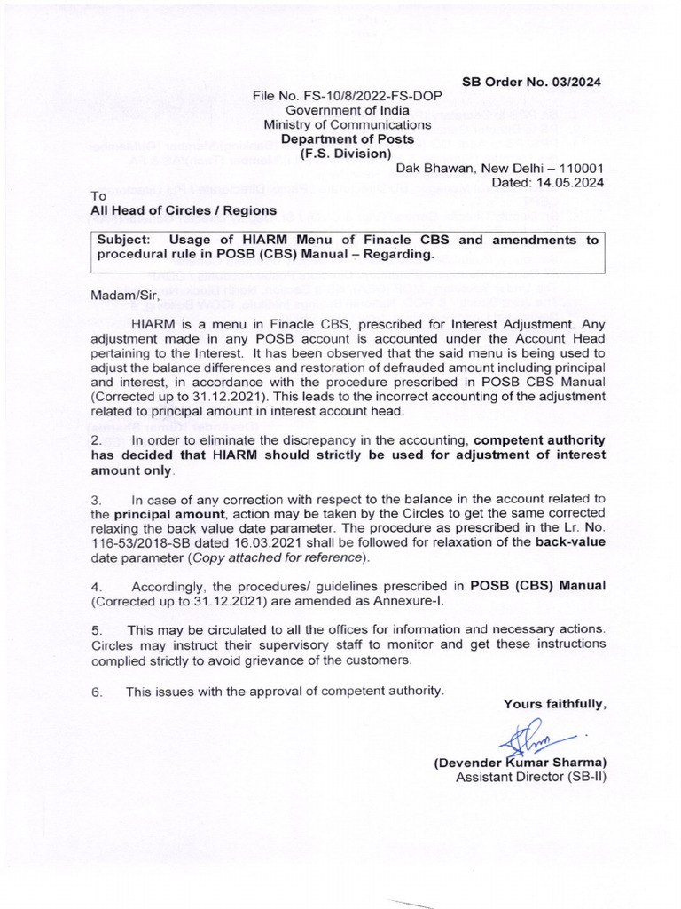 SB Order 03-2024 - Usage of HIARM Menu of Finacle CBS | PDF | Debits ...