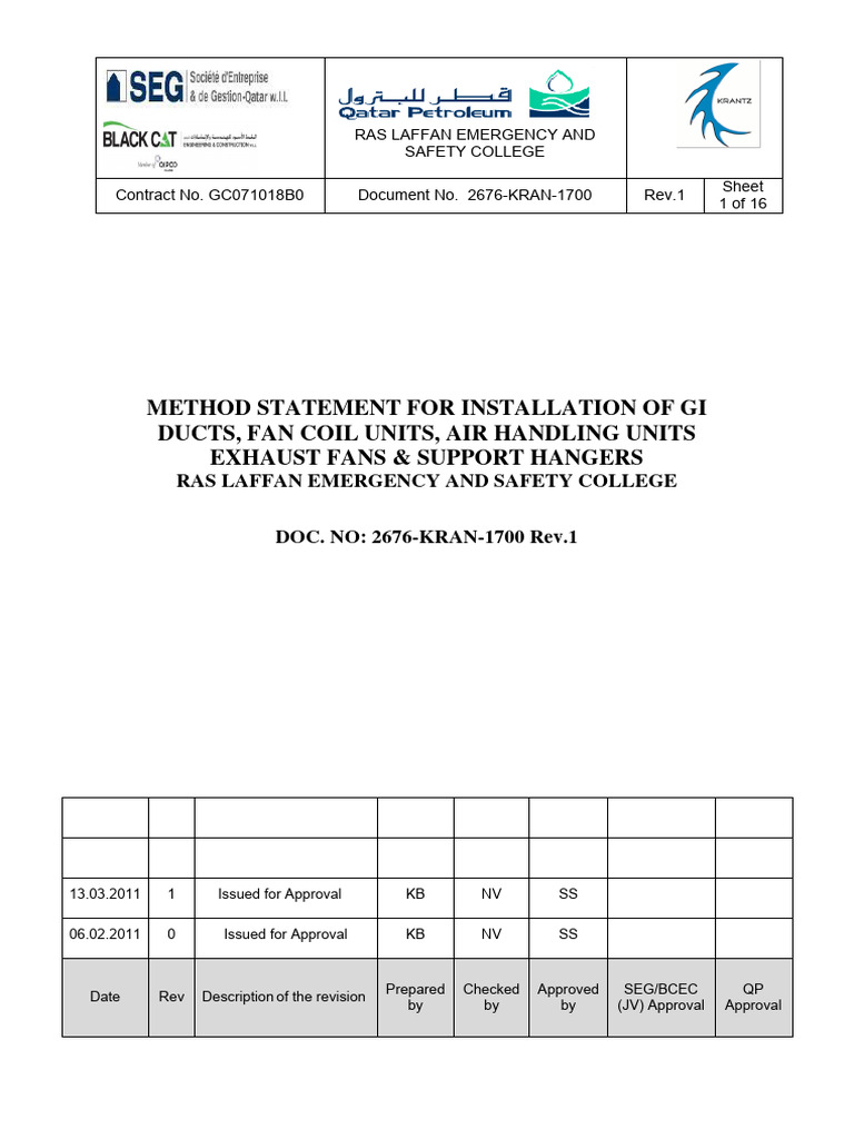 Method Statement for HVAC Duct Installation | PDF | Duct (Flow) | Pipe ...