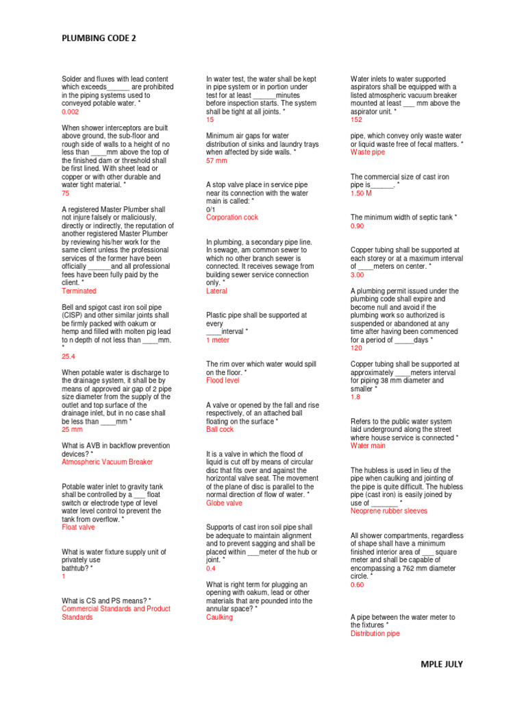 Plumbing Code 2 Ans Key | PDF | Plumbing | Pipe (Fluid Conveyance)