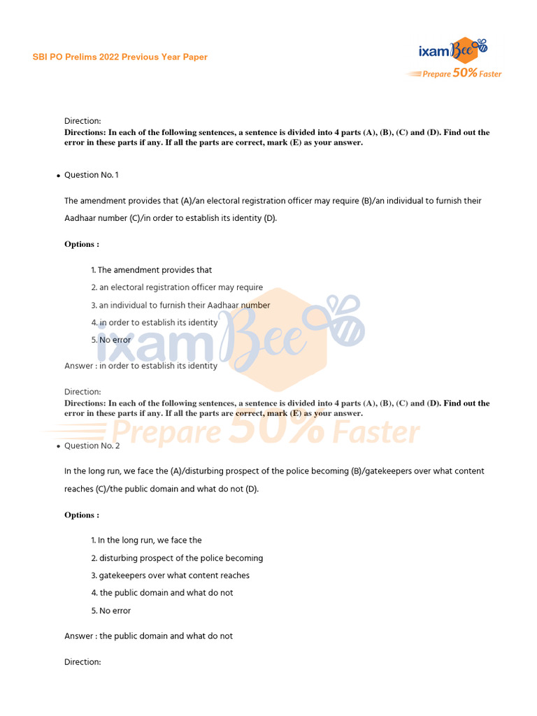 SBI PO Prelims 2022 Previous Year Paper | PDF | Inflation | Food Security