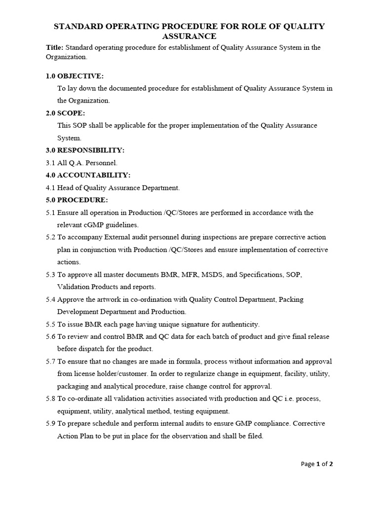 Quality Assurance Responsibilities SOP | PDF | Quality Assurance | Business