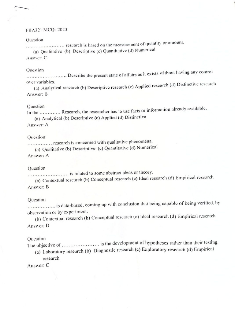 FBA 324 Research Design MCQ | PDF