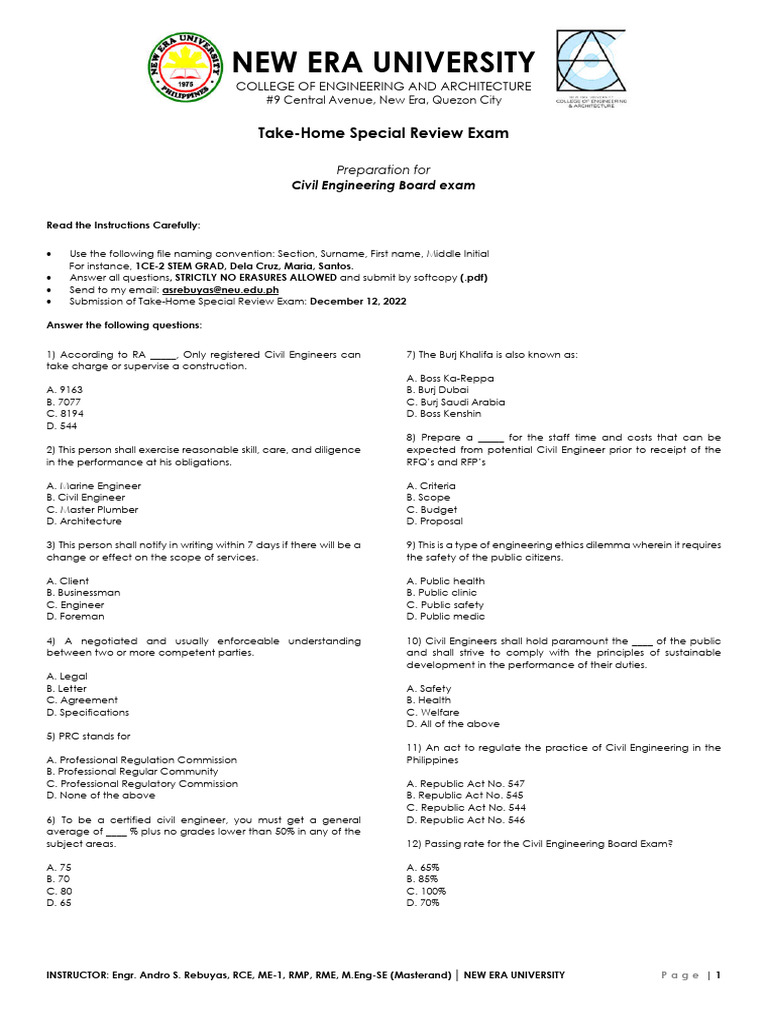 Take Home Special Review Exam Preparation For CE Board Exam | PDF ...