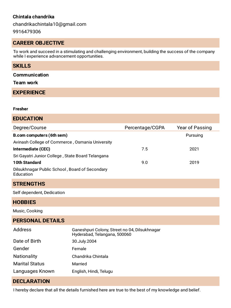 Resume of Chintala Chandrika | PDF