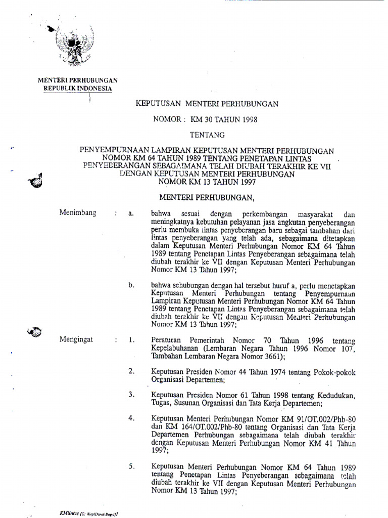 KM 30 tahun 1998 - Penyempurnaan Lampiran Keputusan Menteri Perhubungan ...
