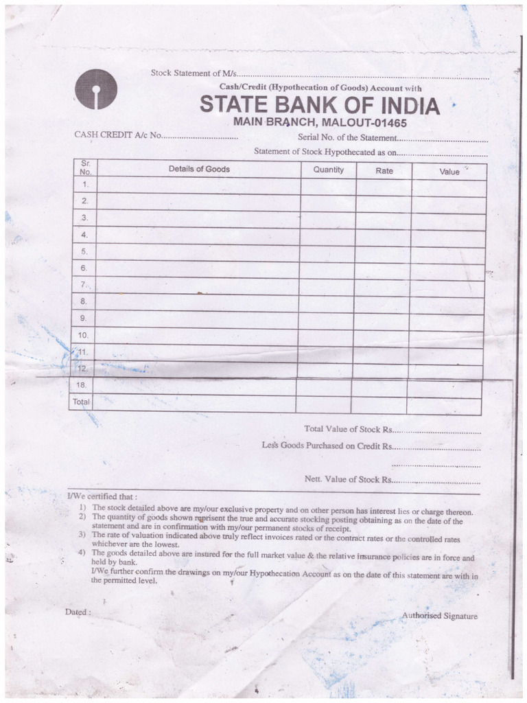 Sbi Stock Statement Format | PDF