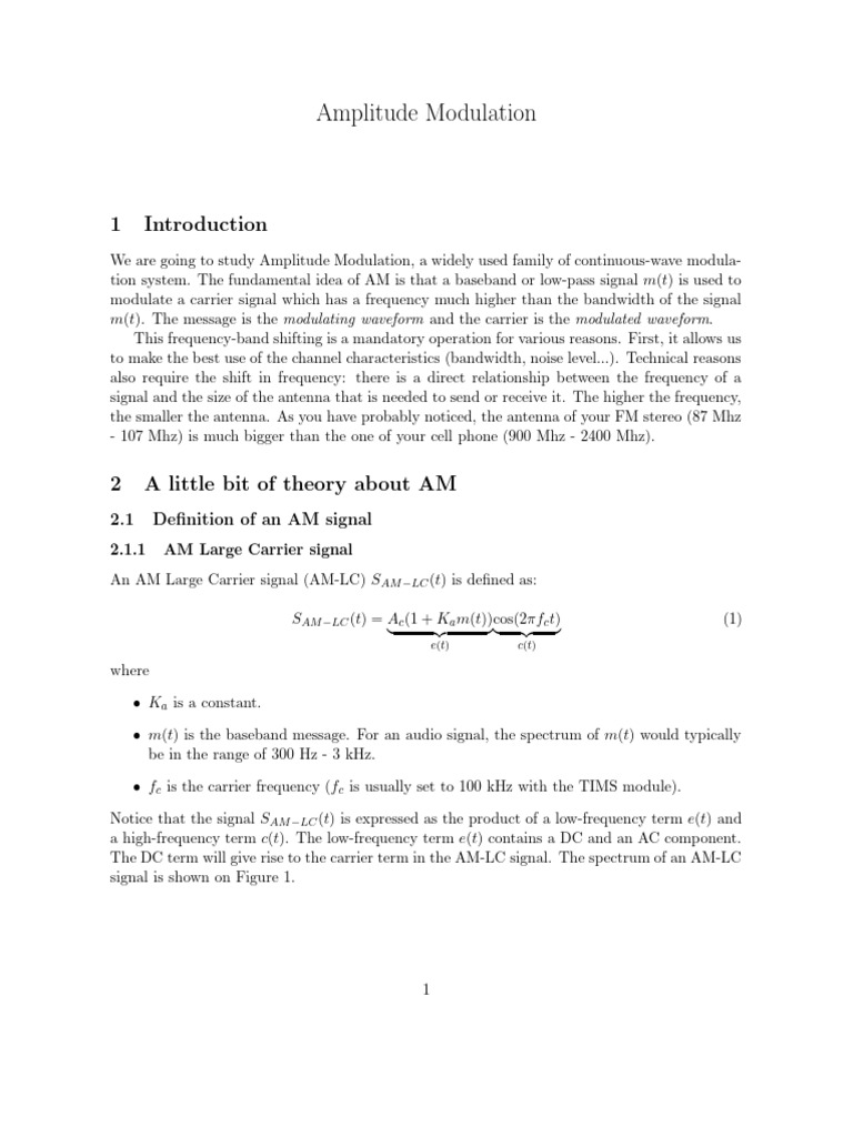 Amplitude Modulation: 2.1 Definition of An AM Signal | PDF | Detector (Radio) | Modulation