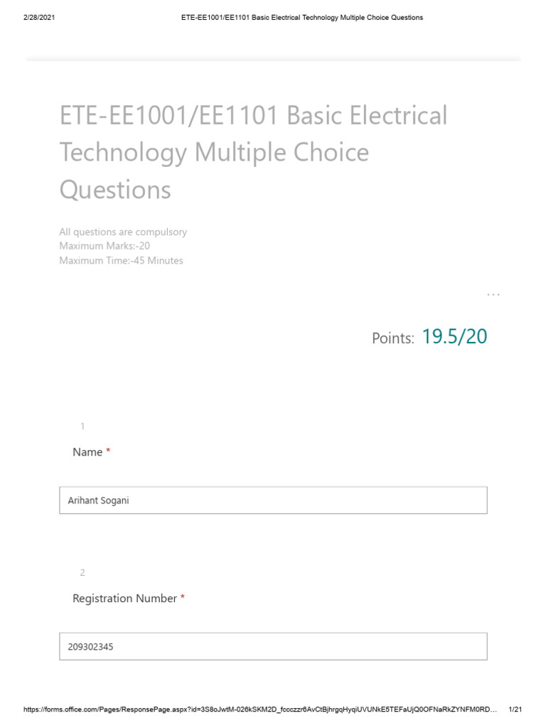 ETE-EE1001 - EE1101 Basic Electrical Technology Multiple Choice ...