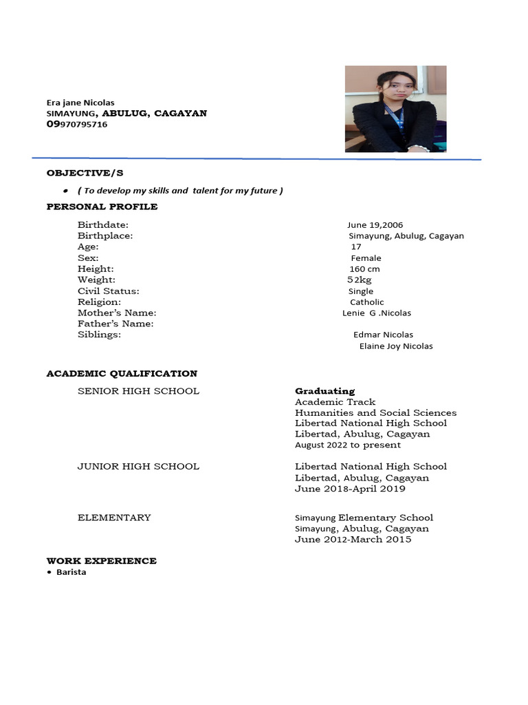 Work Immersion Application: Era Jane Nicolas | PDF | Cognition | Behavior Modification