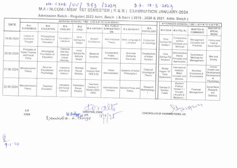 MA TIME TABLE 1st Sem 2024 | PDF