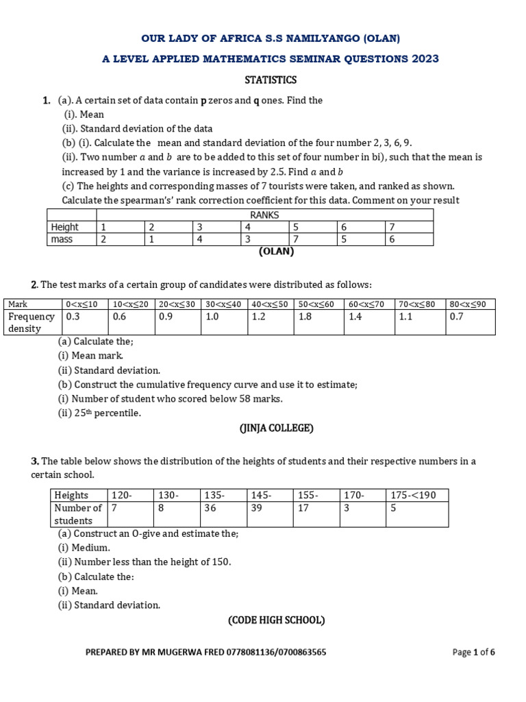 A Level Applied Mathematics Seminar Questions | PDF | Standard ...