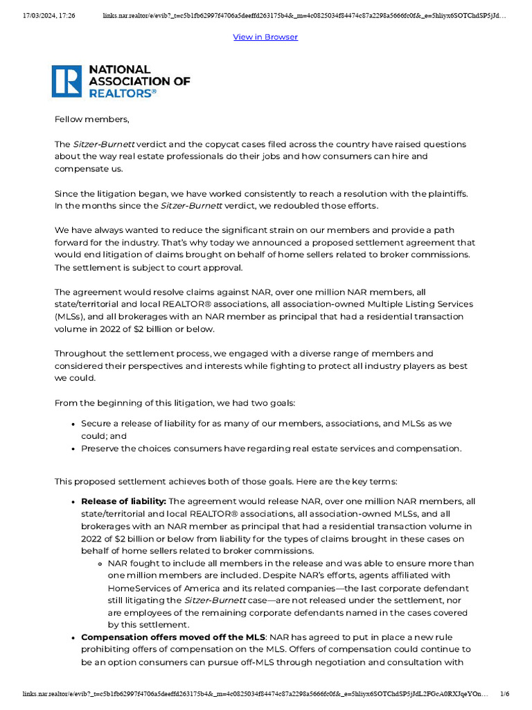 NAR Statement | PDF | National Association Of Realtors | Lawsuit