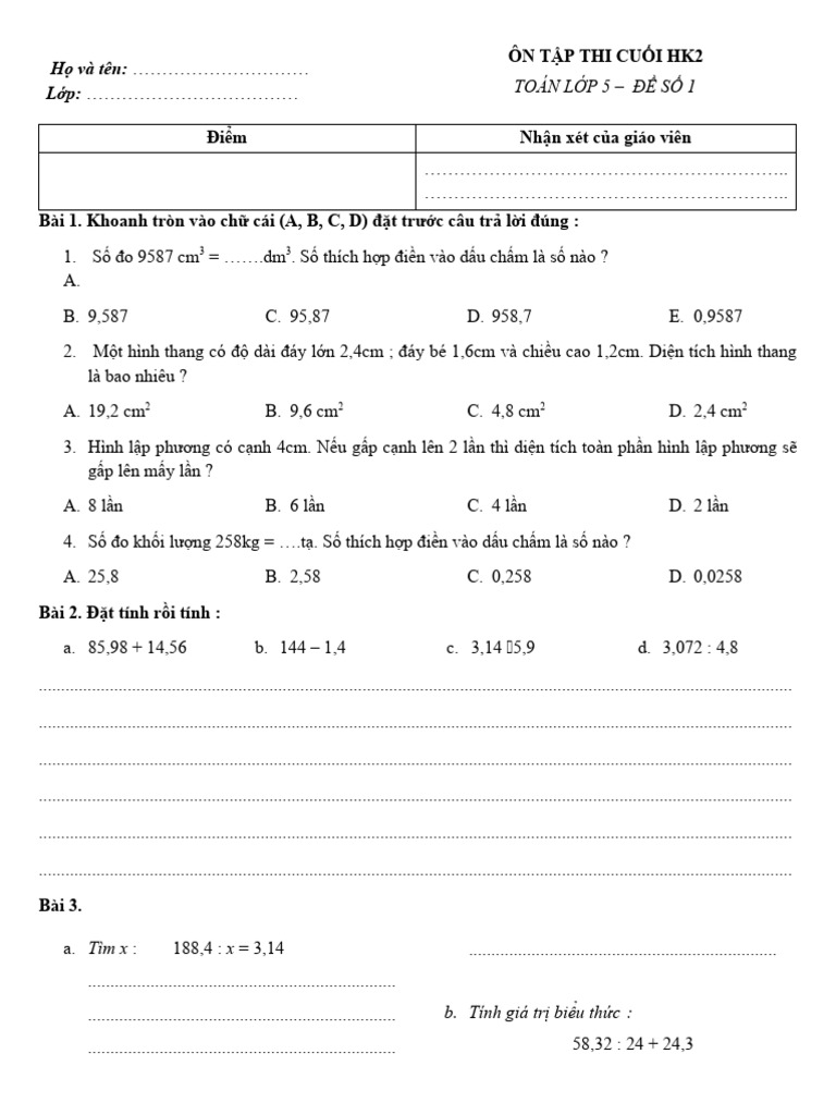 BỘ ĐỀ ÔN THI TOÁN CK2 - LỚP 5 | PDF