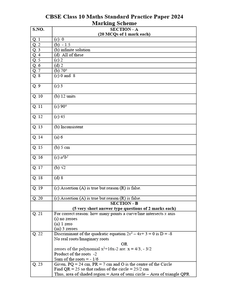 Cbse Class 10 Maths Standard Practice Paper 2024 Solution | PDF | Zero ...
