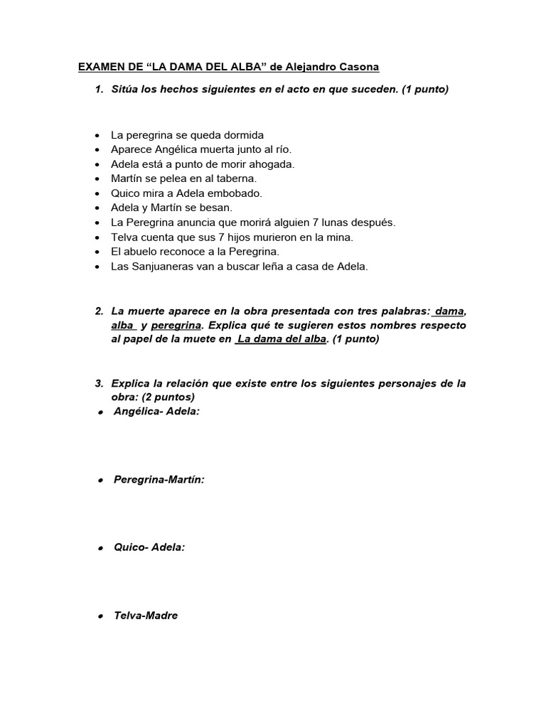 Examen de "La Dama del Alba" | PDF