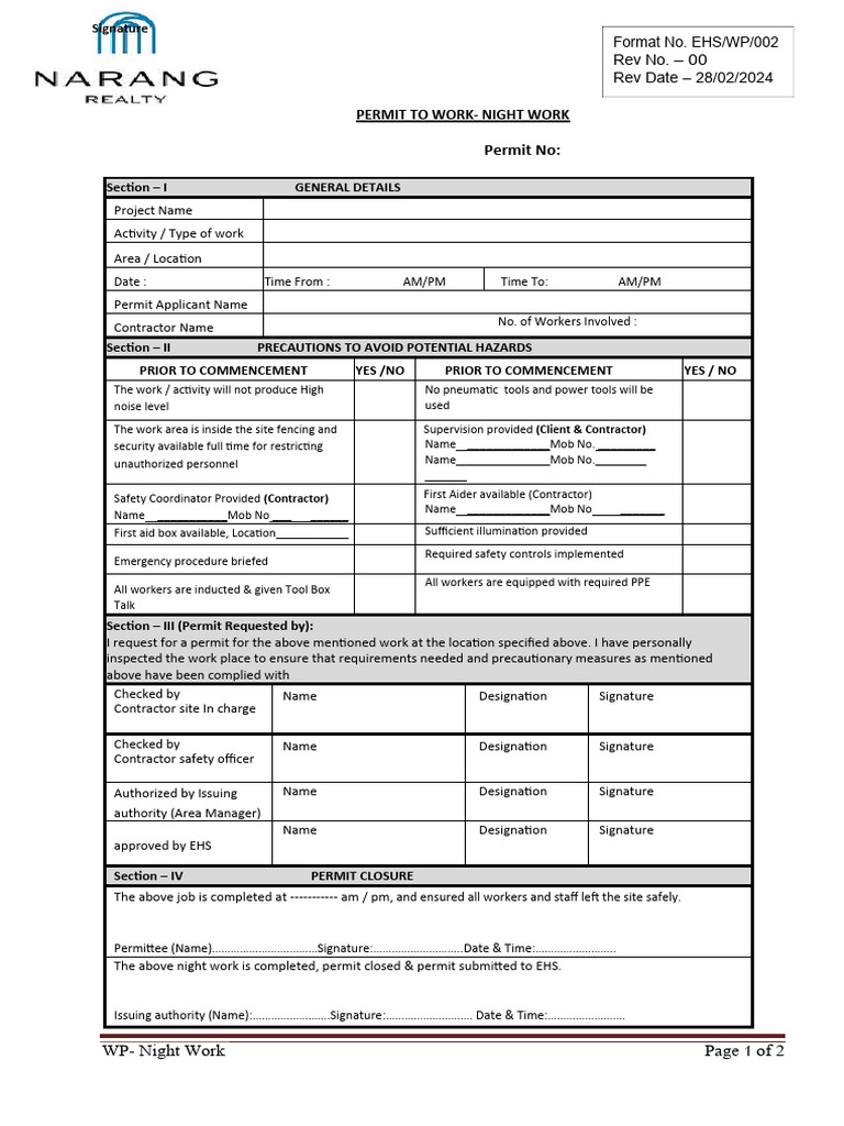 Night Work Permit Template EHS/WP/002 | PDF | Safety | Occupational ...