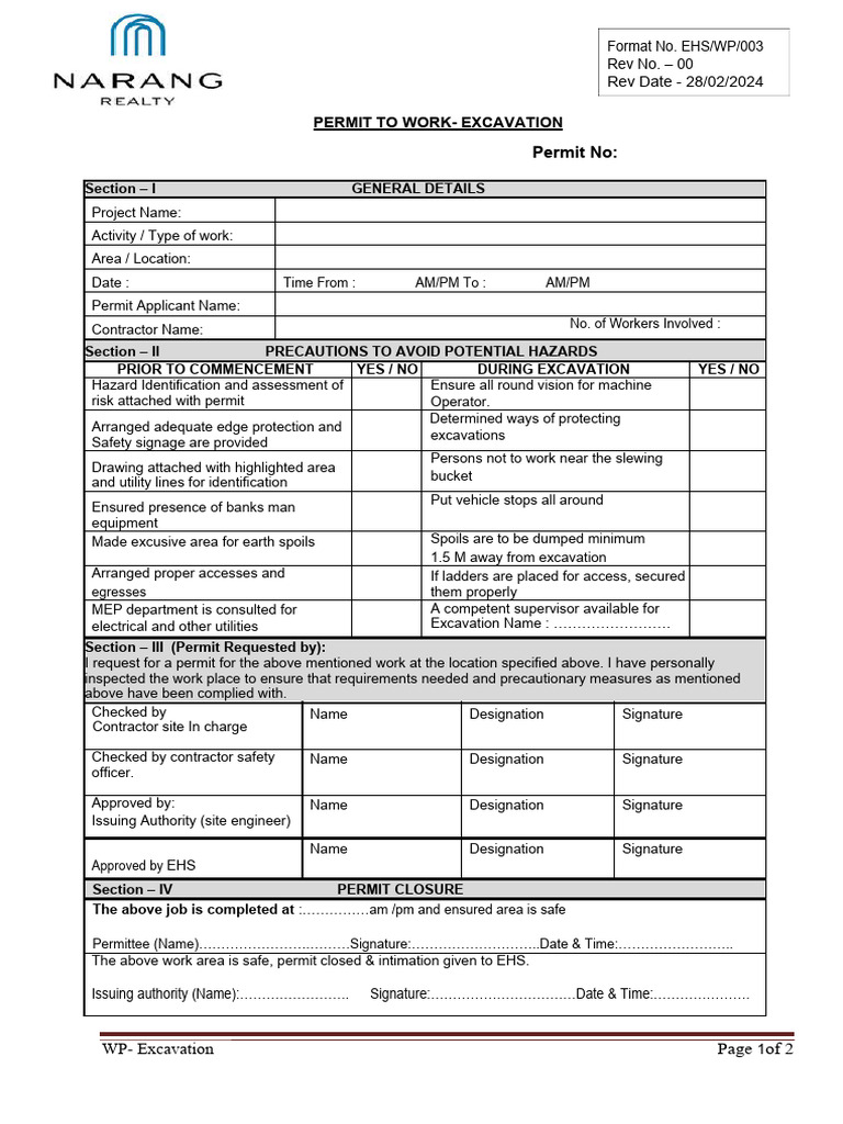 Excavation Work Permit Guide | PDF | Safety | Occupational Safety And ...