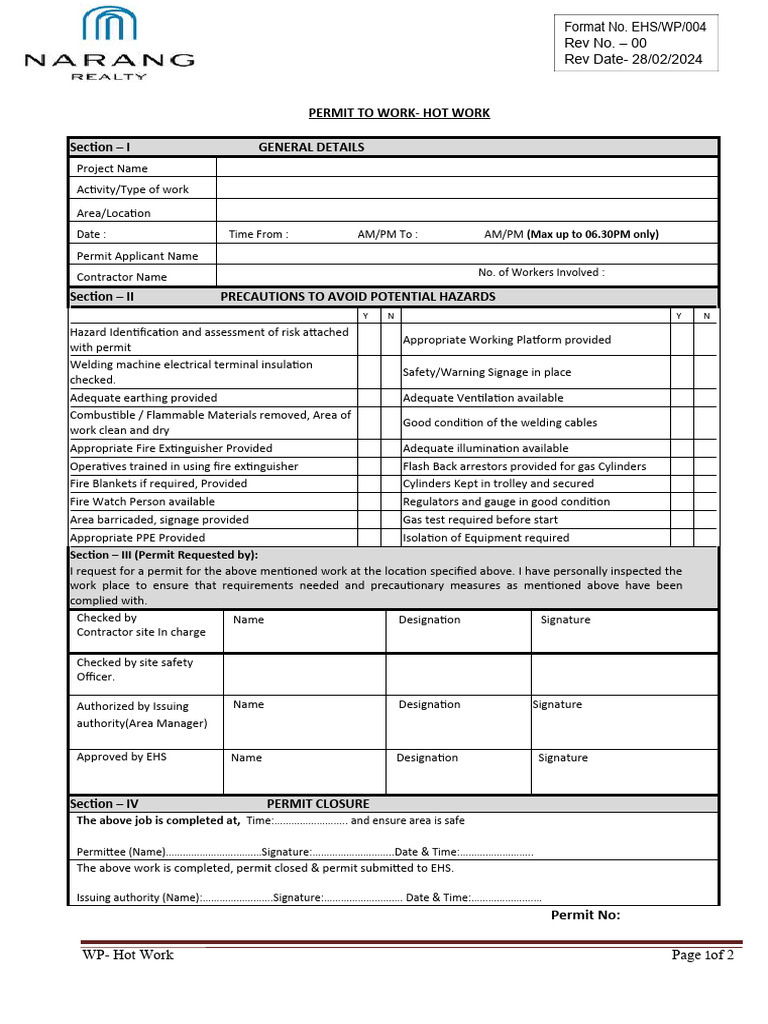 EHSWP004 - Hot work Permit | PDF | Fires | Occupational Safety And Health