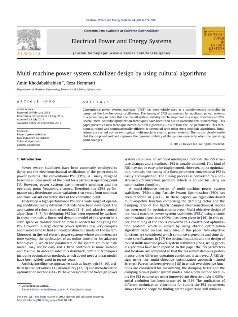 Multi-Machine Power System Stabilizer Design by Using Cultural Algorithms | PDF | Mathematical ...