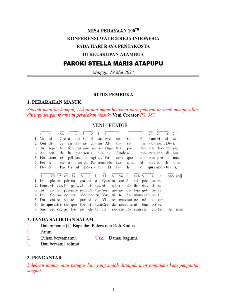 Teks Misa Perayaan 100 Tahun Kwi - 19 Mei 2024 Atapupu | PDF