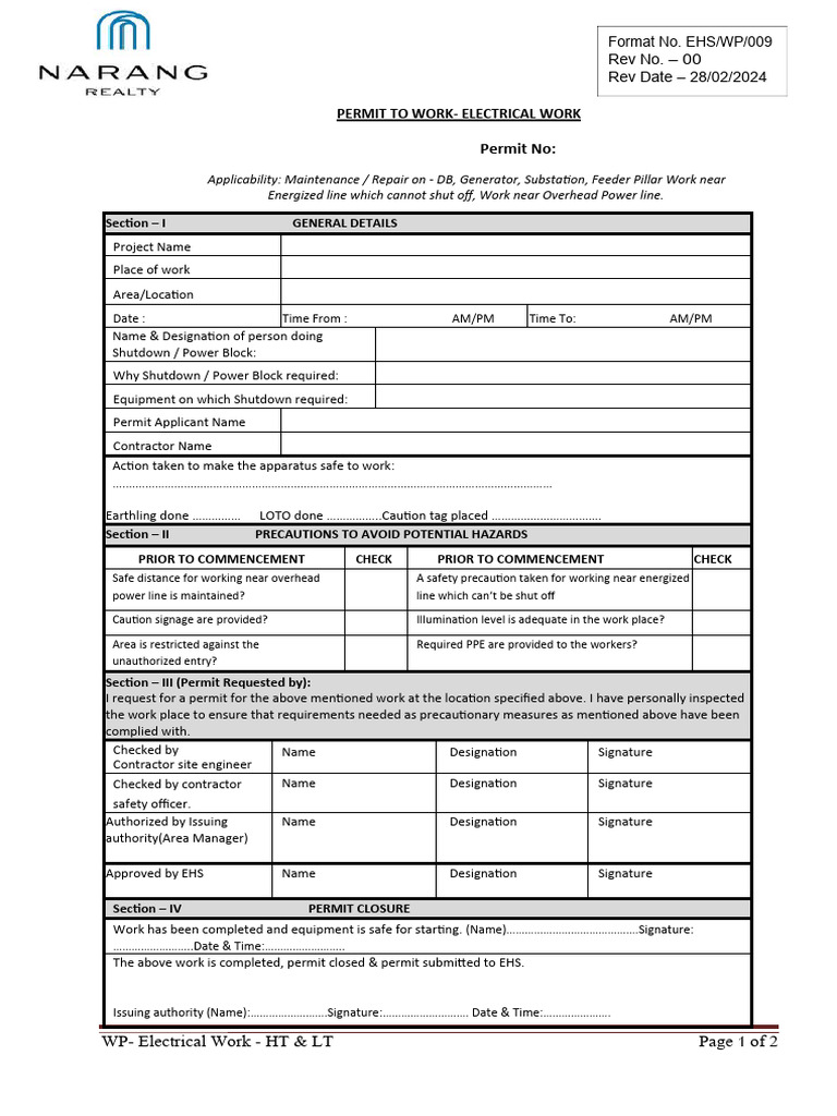 EHSWP005 - Electrical Work Permit HT & LT | Download Free PDF | Safety ...